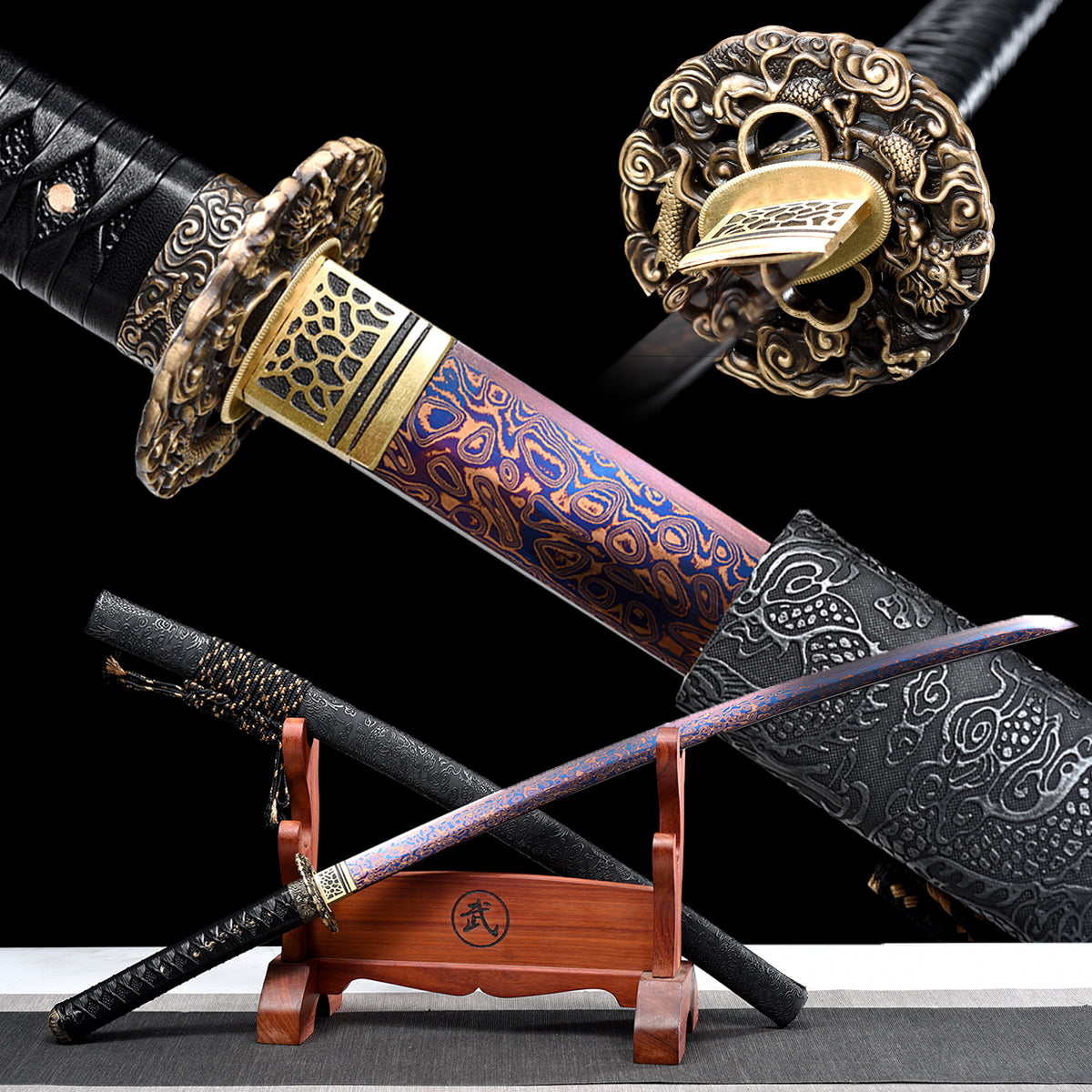 Japanese Samurai Katana Red & Blue Dragon Sword Folded Steel Sharp KT0 ...