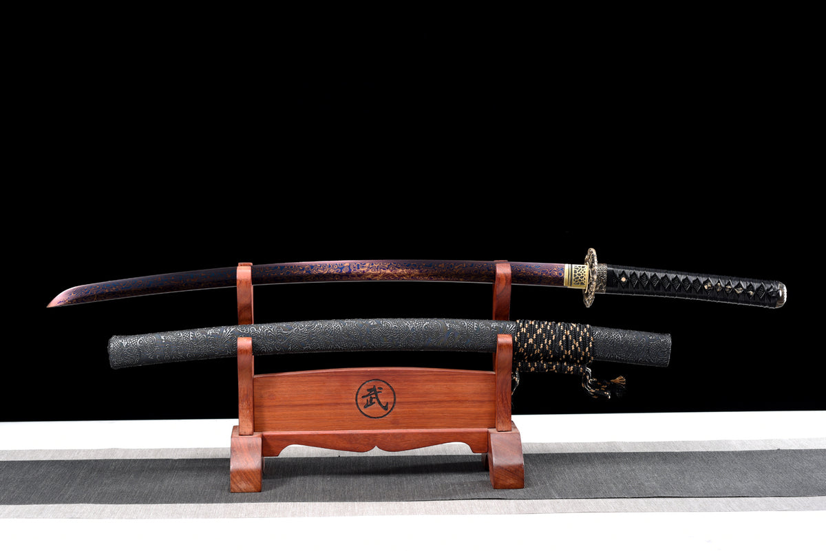 Japanese Samurai Katana Red & Blue Dragon Sword Folded Steel Sharp KT0 ...